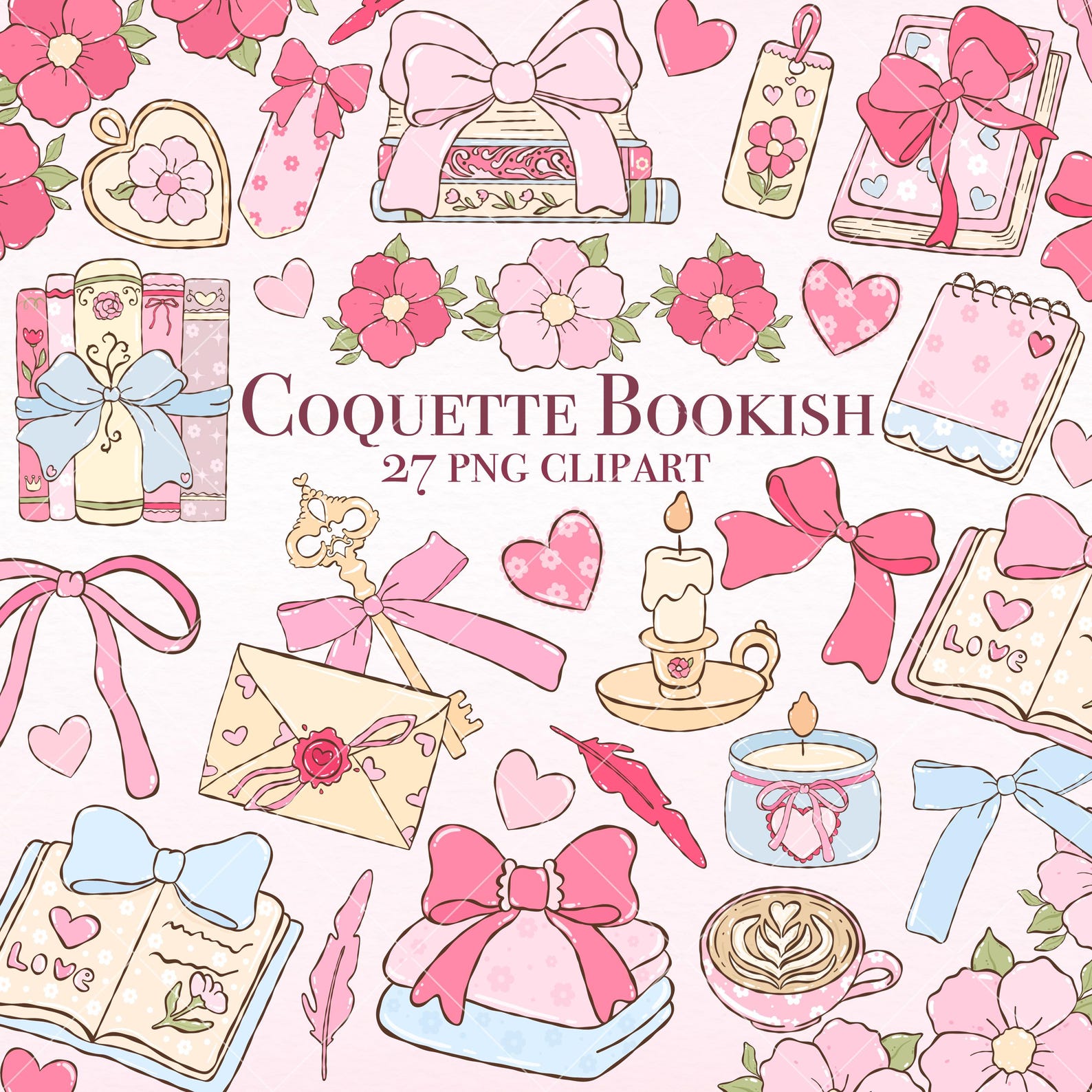 Coquette Bookish Clipart Set,cute Pink Aesthetic Girly Book Lover ...