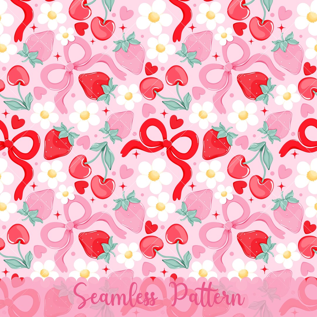 Coquette Pink Bows Seamless Pattern, Strawberry and Cherry Digital ...