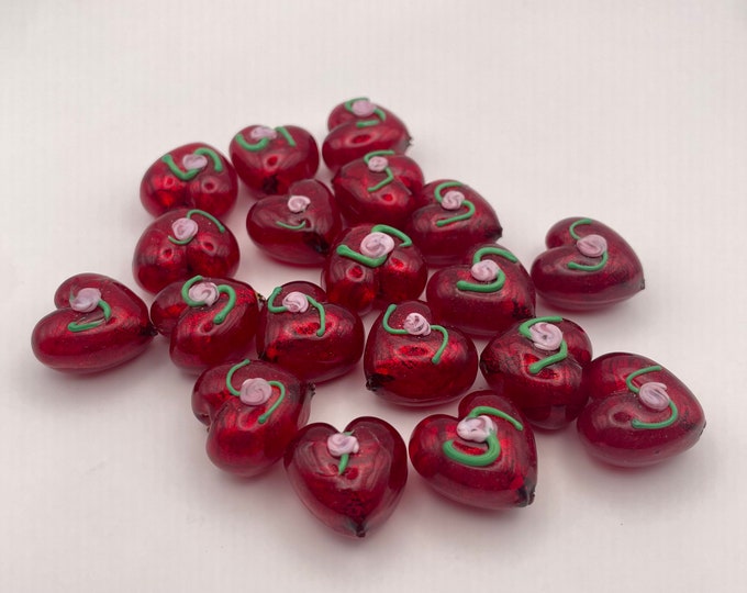 8 Murano Glass Heart Beads, Translucent Red With Gold Foil 24k Inside ...