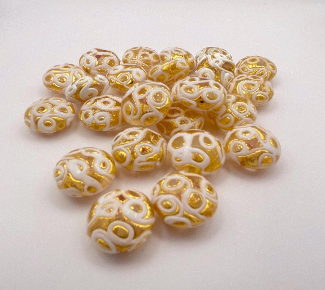 10 Vintage Venetian Round Flat Gold Beads, Gold 24k Murano Round Flat ...
