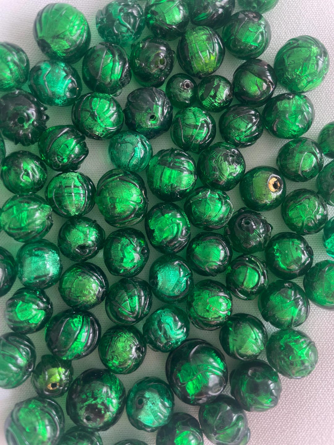 37 Vintage Murano Glass Round Beads, Sommerso Venetian Hues of Emerald ...
