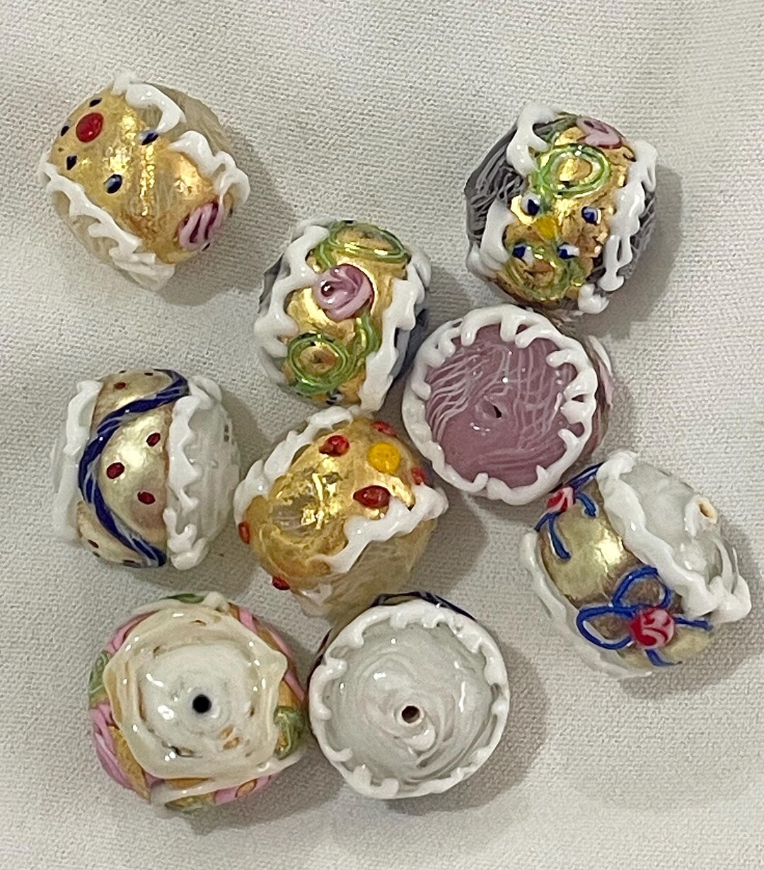 9 Wedding Cake Gold Fiorato Beads, Venetian Murano Cylinder Tube, Gold ...