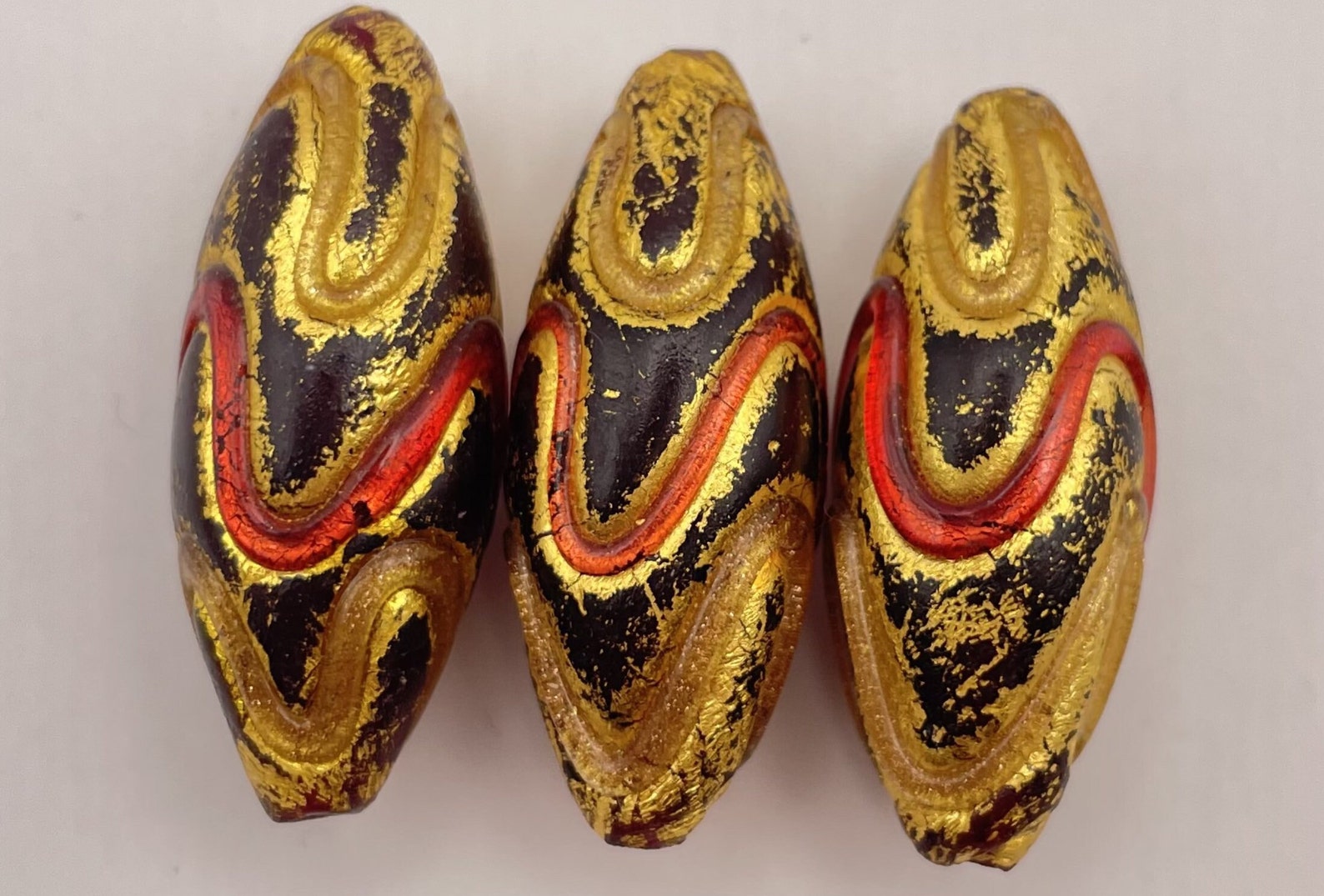 3 Rare Vintage Venetian Oval Glass Beads, Brown Gold 24k Decor, Murano ...