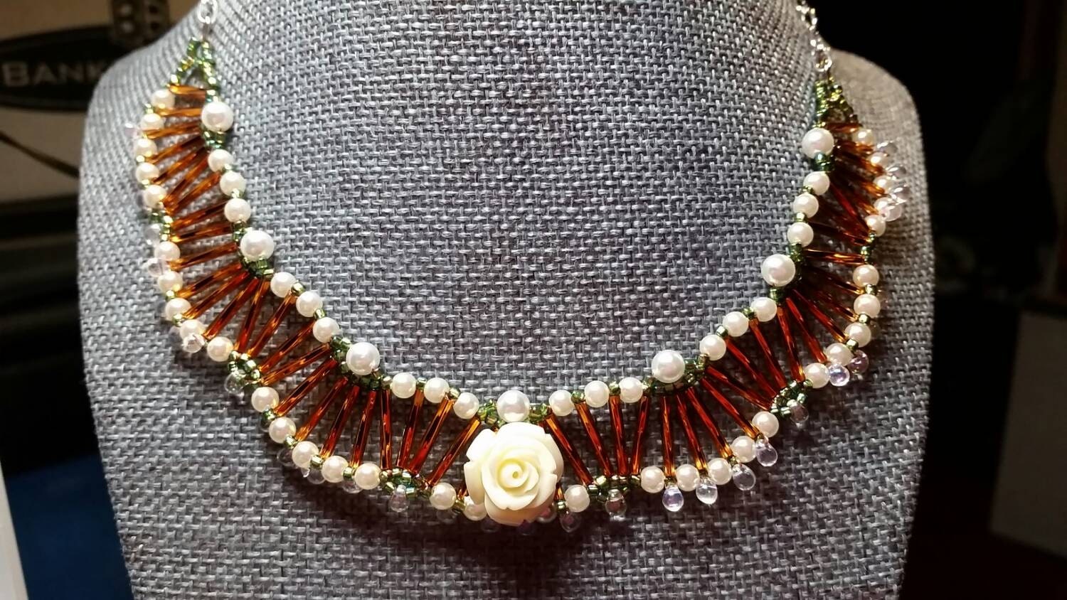 Vintage-style Beaded Collar Necklace With Rose Centerpiece. - Etsy