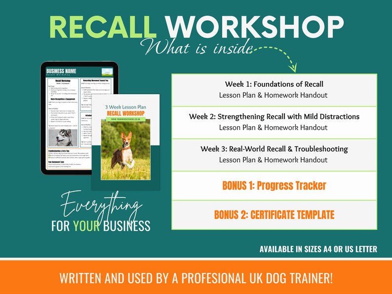 Recall Workshop Template for Dog Trainers | Dog Training Lesson Plan | Editable 3-week Course ...