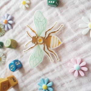 Honey Bee With Daisy Brown, Teal & Yellow Acrylic Pin Brooch Badge - Etsy
