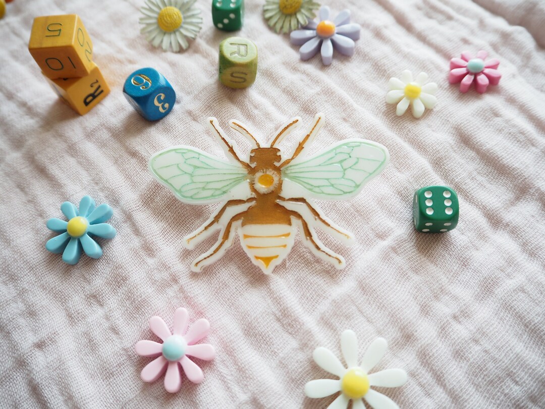 Honey Bee With Daisy Brown, Teal & Yellow Acrylic Pin Brooch Badge - Etsy