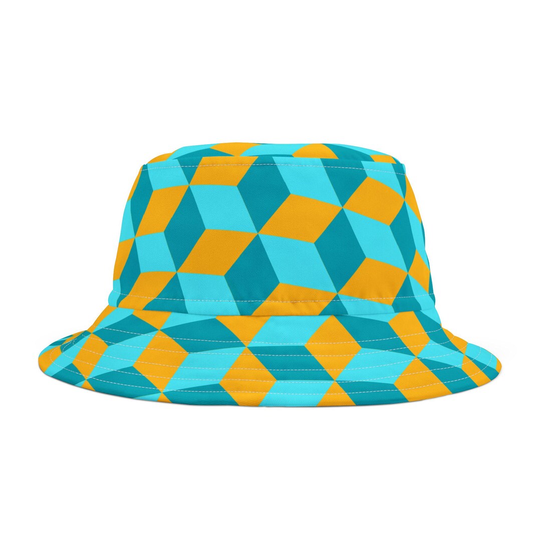 Cyan Yellow Cubes Bucket Hat: Retro Geometric Fashion Cap, Summer Sun ...