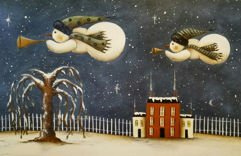 Snowman Winter Landscape Folk Art Print, 'flying Lessons,' an 8 X 30 ...