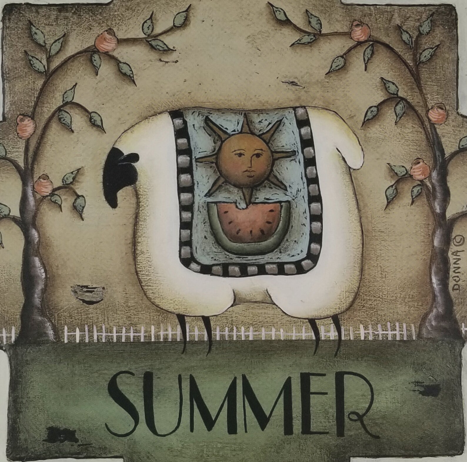 4 Seasonal Prim Folk Art Sheep Prints. Set of Four Square Seasons Sheep ...