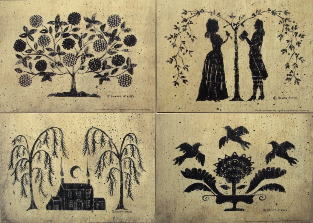 Primitive Folk Art Silhouette Print Prints, 5x7 5"x7" - Choose Tree of ...