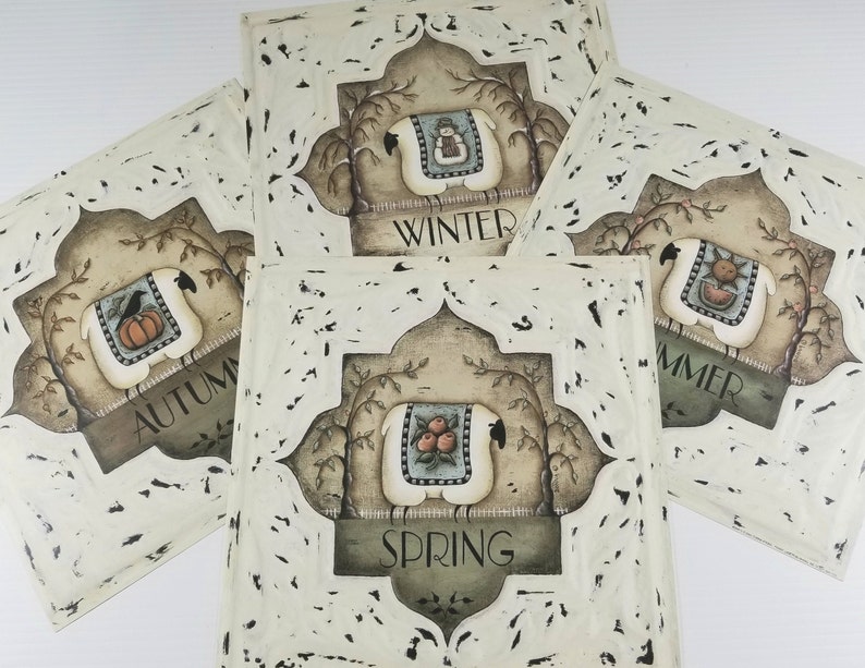 4 Seasonal Prim Folk Art Sheep Prints. Set of Four Square Seasons Sheep ...