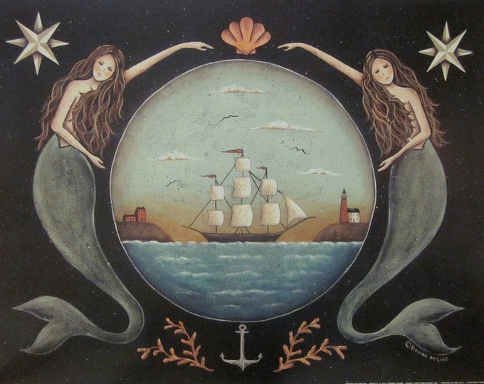 Sirens of the Sea. Mermaid Folk Art Print. Nautical Stars Ocean Clipper ...