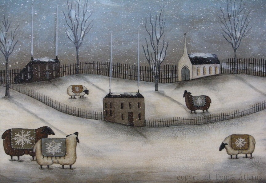 Winter Pastoral Landscape, Village Sheep Saltbox Church Snowfall Night ...