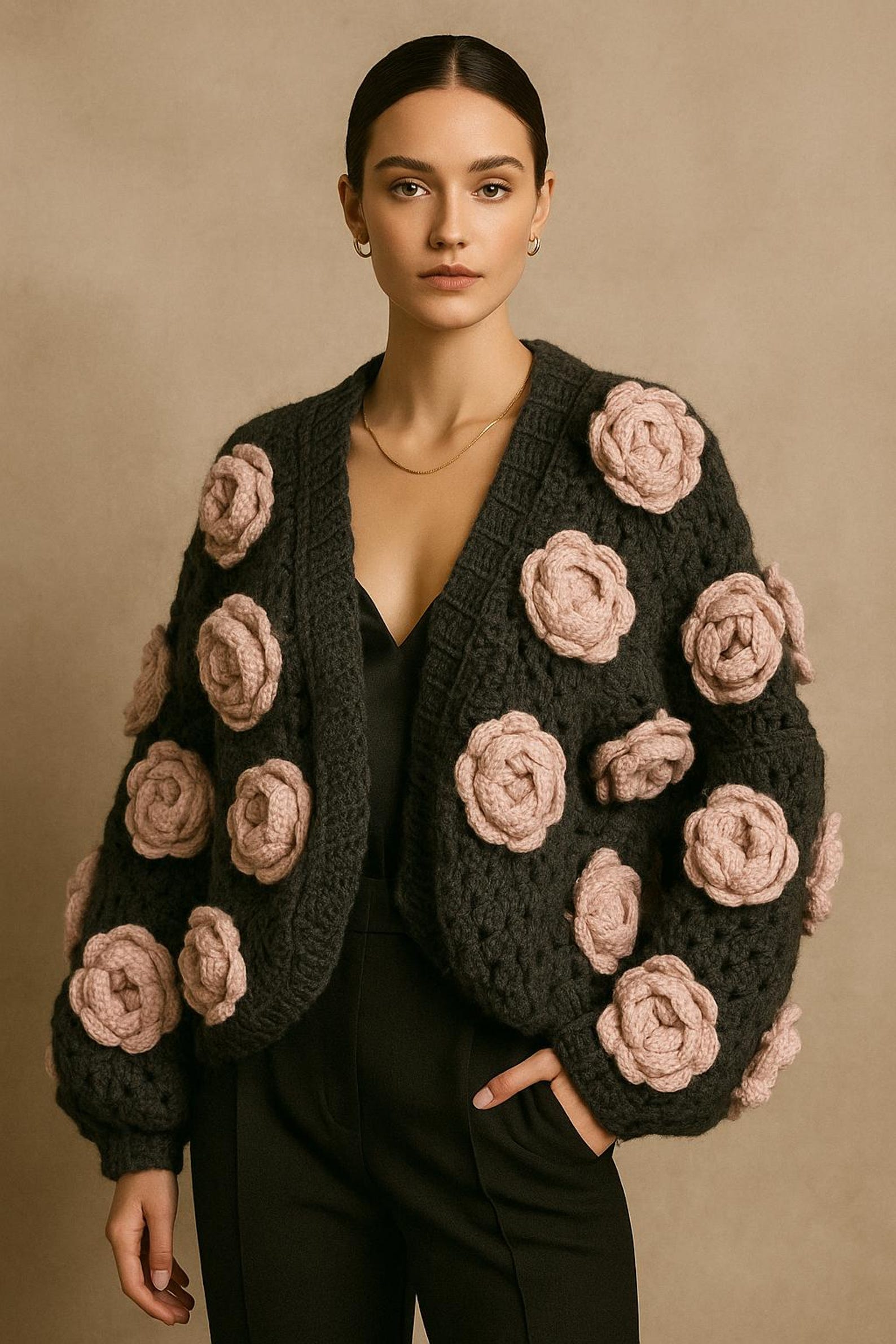 Handmade 3D Rose Bloom Chunky Crochet Jacket Luxe Statement Piece L-XL ...