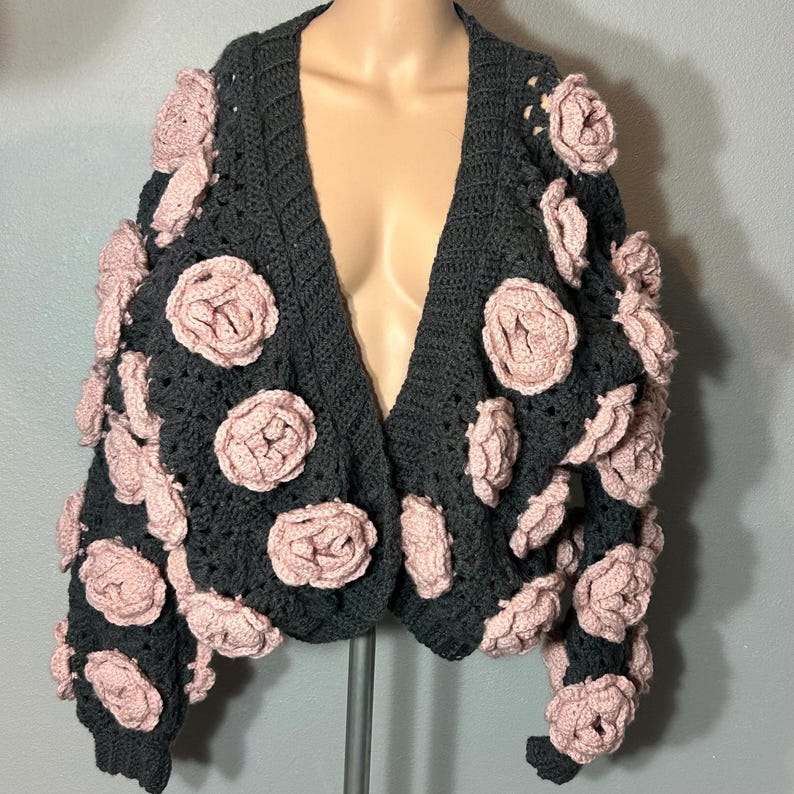 Handmade 3D Rose Bloom Chunky Crochet Jacket Luxe Statement Piece L-XL ...