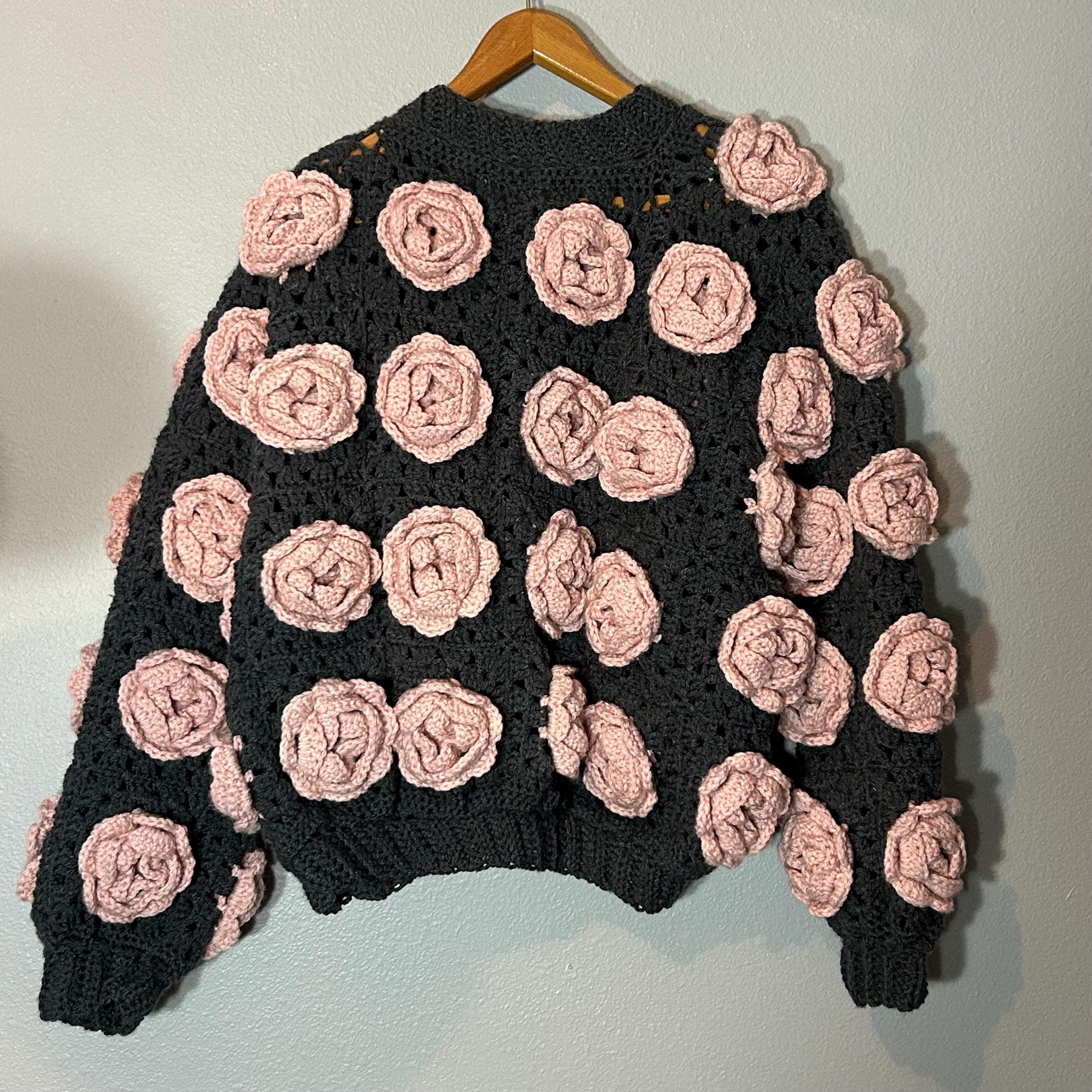 Handmade 3D Rose Bloom Chunky Crochet Jacket Luxe Statement Piece L-XL ...