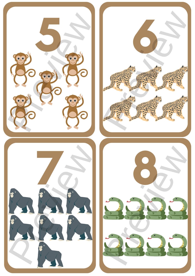 NUMBERS JUNGLE THEMED- 12 Printable Flash Cards With Numbers and Jungle ...