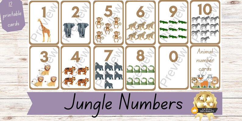 NUMBERS JUNGLE THEMED- 12 Printable Flash Cards With Numbers and Jungle ...