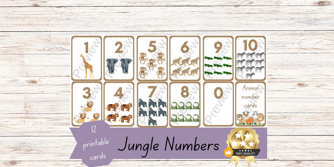 NUMBERS JUNGLE THEMED- 12 Printable Flash Cards With Numbers and Jungle ...