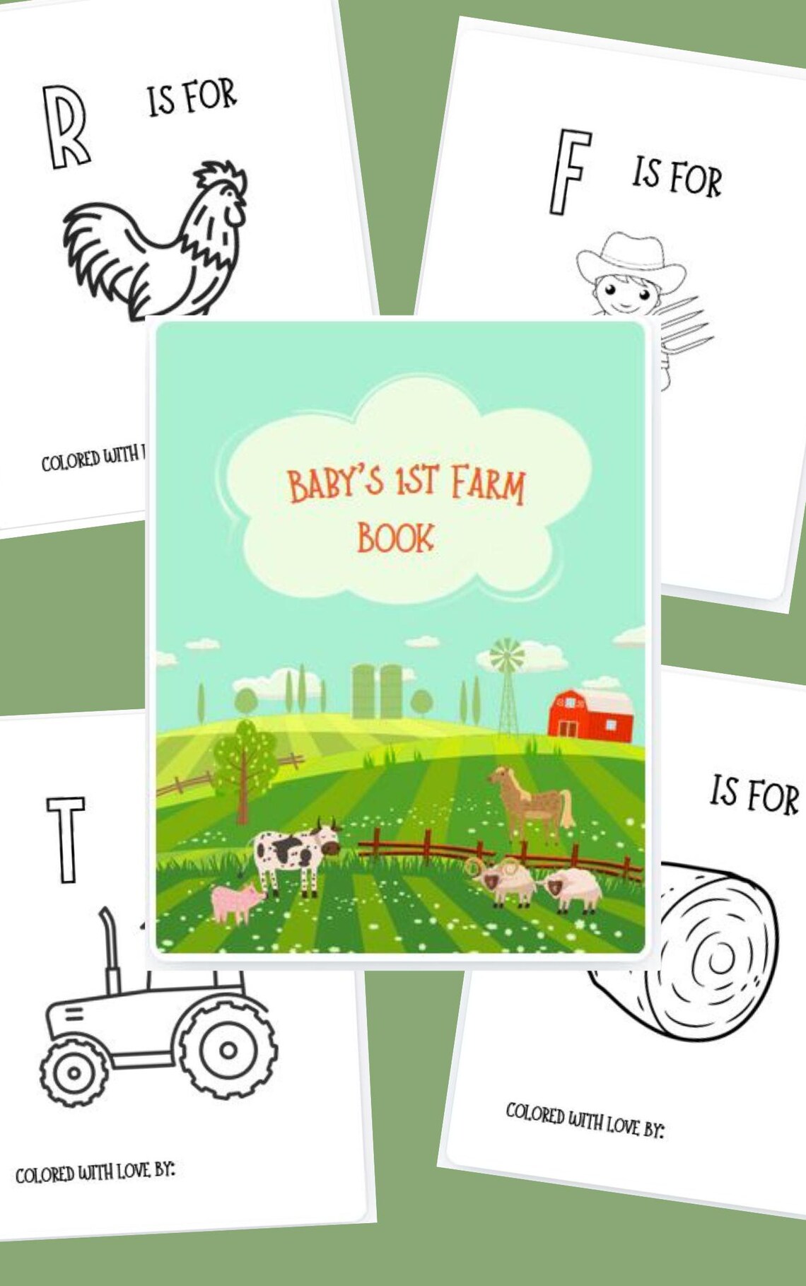 ABC Farm Baby Shower Coloring Book, Farm Animals, Equipment, Guest Book ...