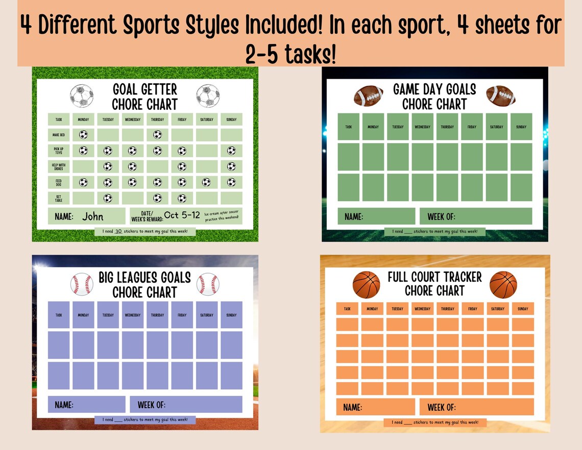 Sports Chore Chart Bundle for Kids | Printable Soccer, Basketball ...