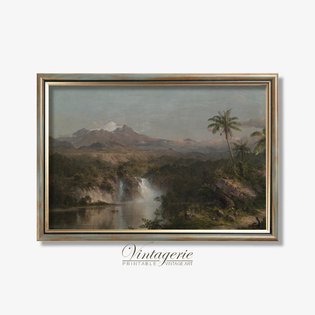 Antique Volcano Oil Painting Ecuador Landscape | Muted Wall Art Print ...