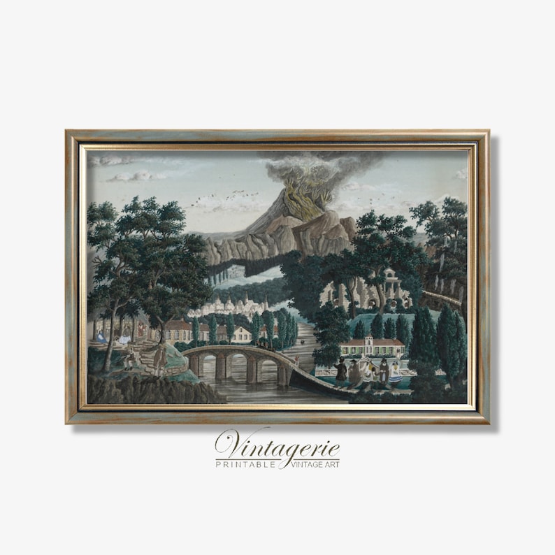 Printable Vintage Watercolor Landscape With Volcano | Muted Wall Art ...