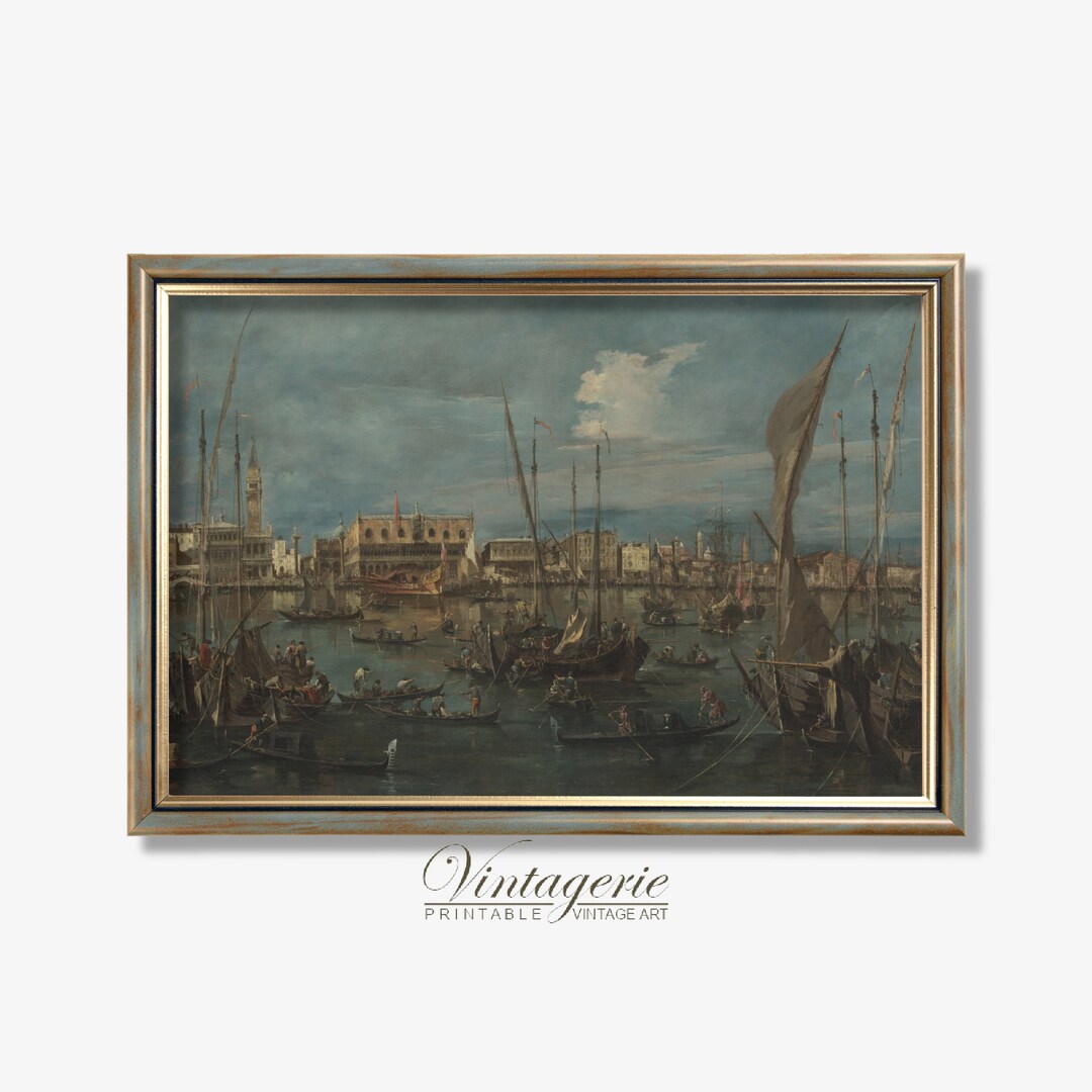 Antique View of Venice Harbor Oil Painting | Muted Wall Art Print ...