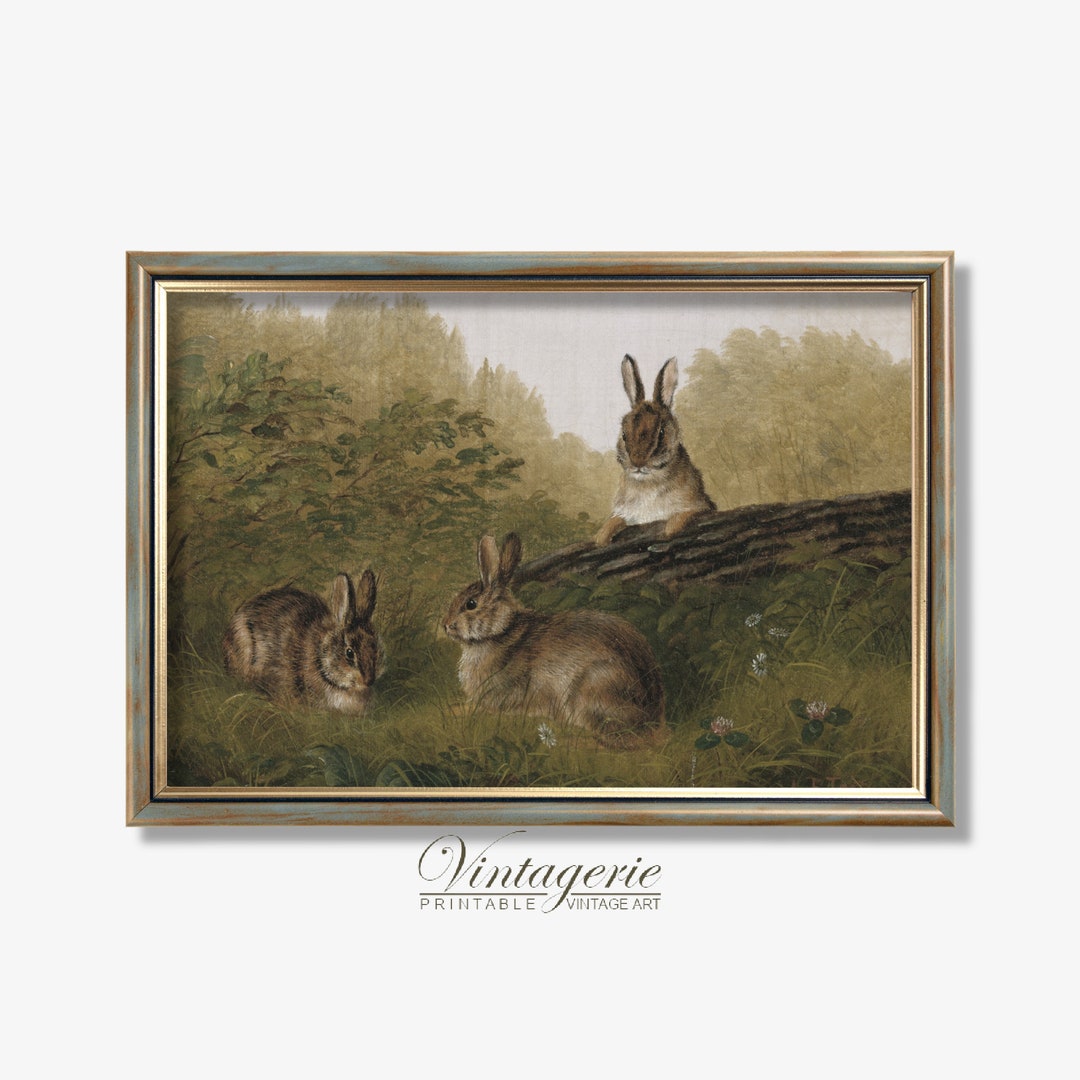 Antique Rabbits on a Log Farmhouse Oil Painting | Muted Wall Art Print ...