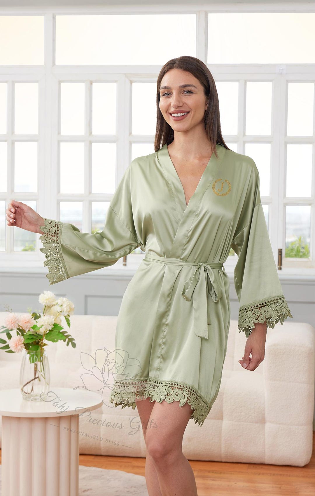 Personalized Sage Green Satin Robe With Lace Trim Bridesmaid Gift ...