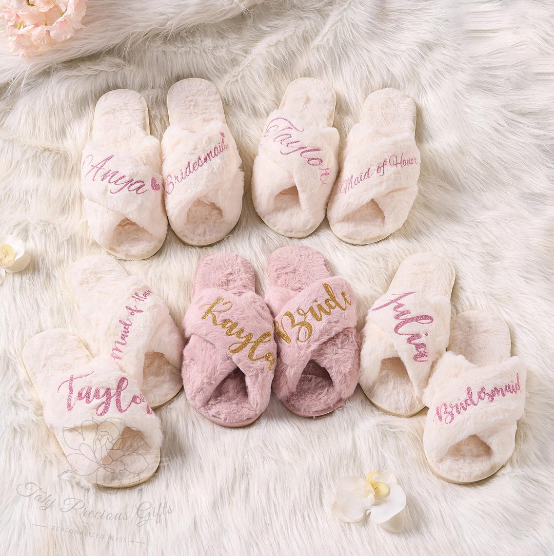 Personalized Fluffy Wedding Slippers Bride & Bridesmaids, Mrs Fluffy ...