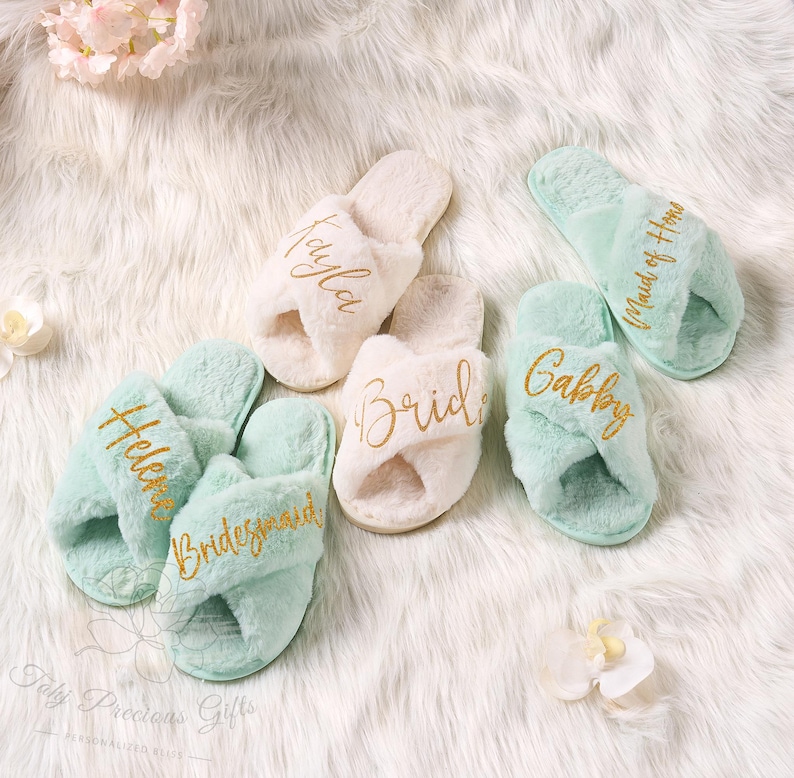 Custom Fluffy Cross Slippers, Personalized Bridesmaids Slippers, Bridal ...