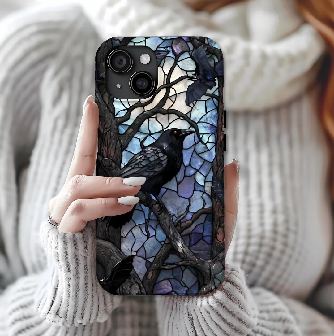 Raven Phone Case, Gift for Book Lovers Blue Faux Stained Glass Gothic ...