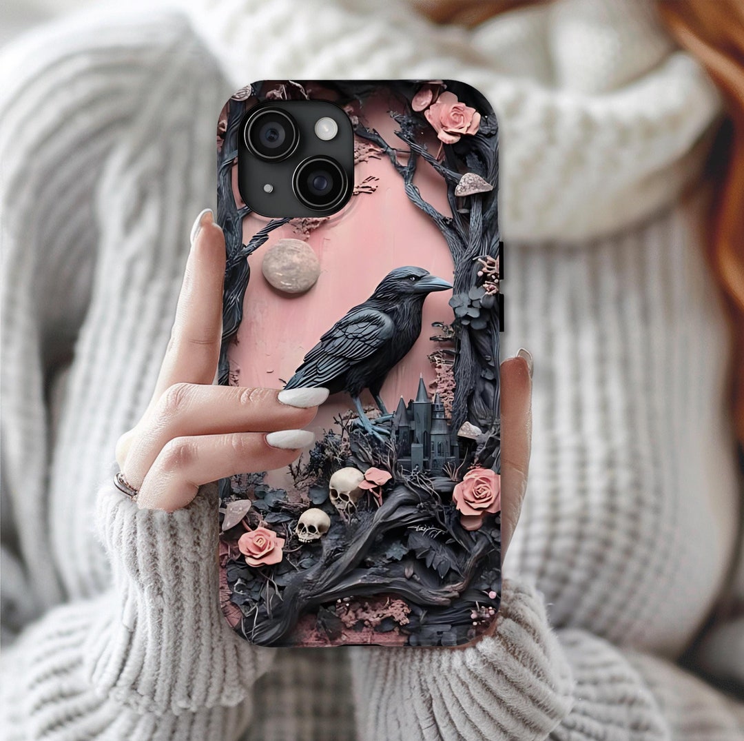 Faux Carved Raven Phone Case: Gothic Pink Floral, Witchy Halloween ...
