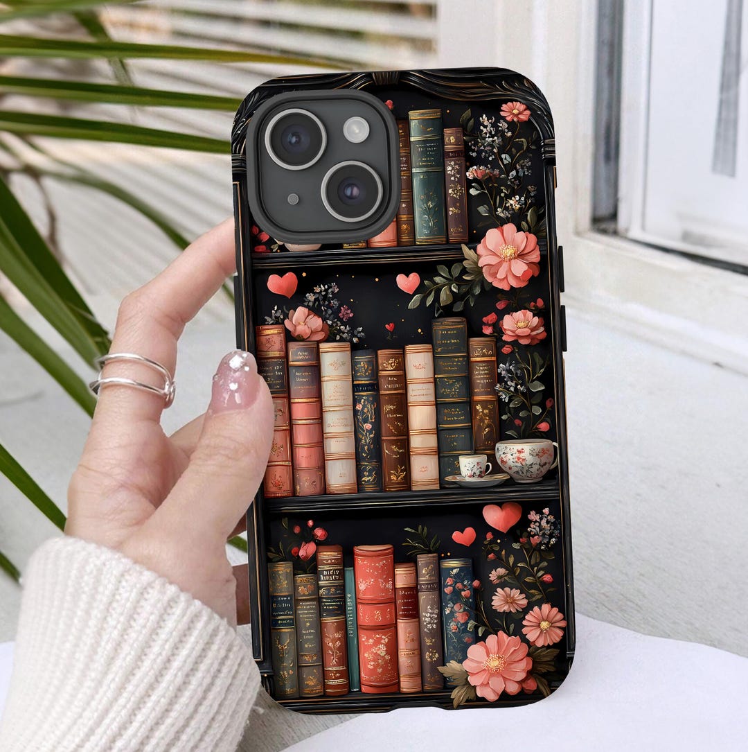 Vintage Library Bookshelf Phone Case, Elegant Floral Bookish, Book ...