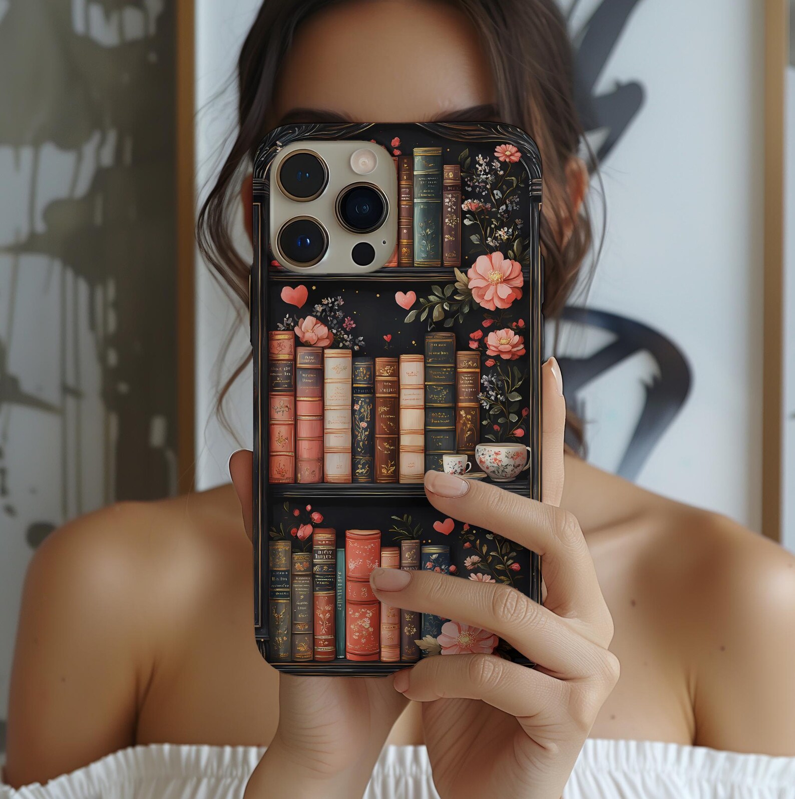 Vintage Library Bookshelf Phone Case, Elegant Floral Bookish, Book ...