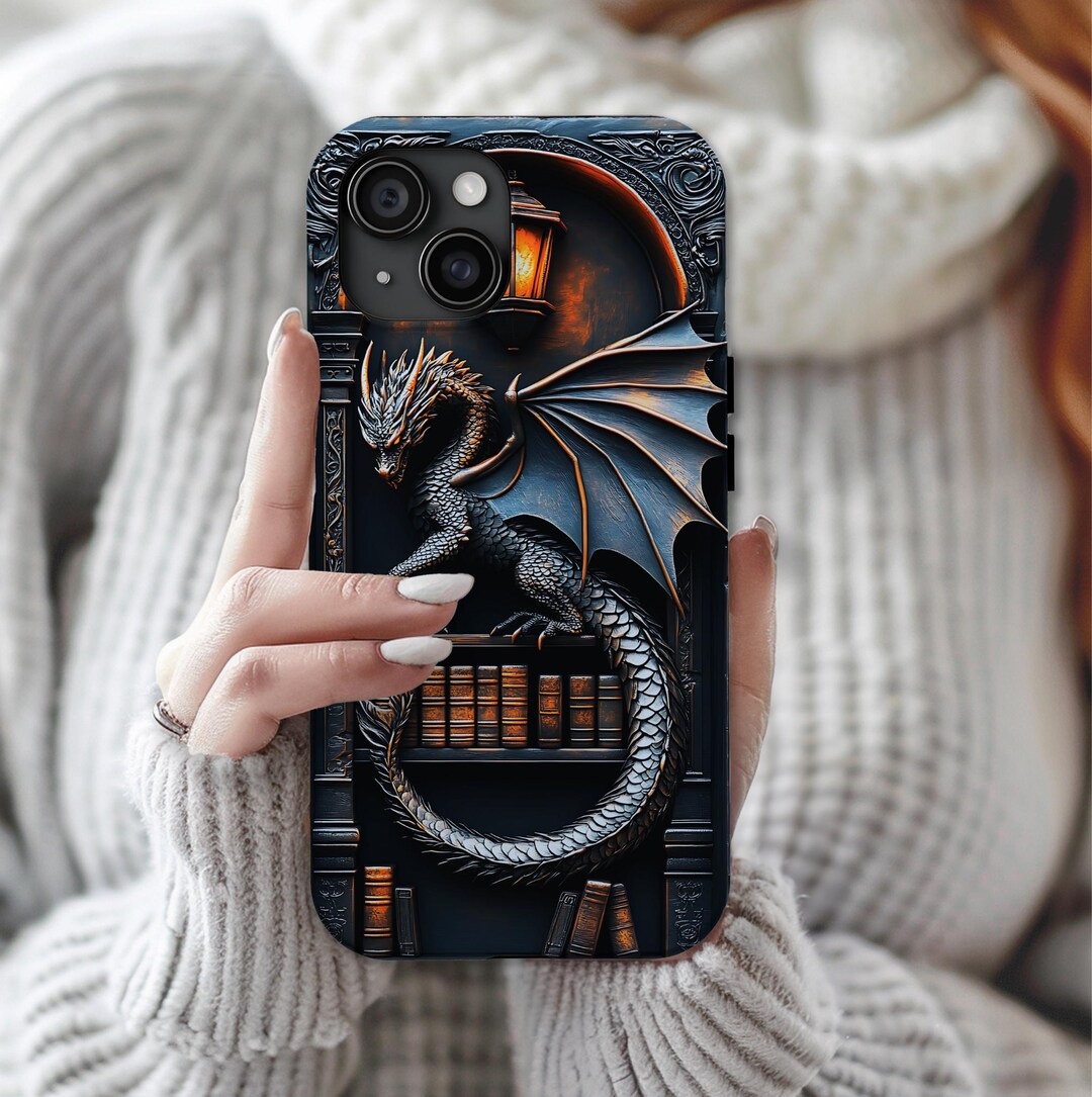 Black Bookish Dragon Phone Case, Fantasy Bookshelf Design, Magical ...