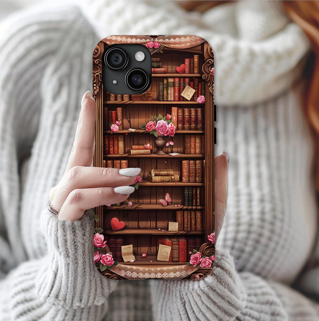 Cute Aesthetic Phone Case for Book Lovers, Vintage Floral Bookshelf ...