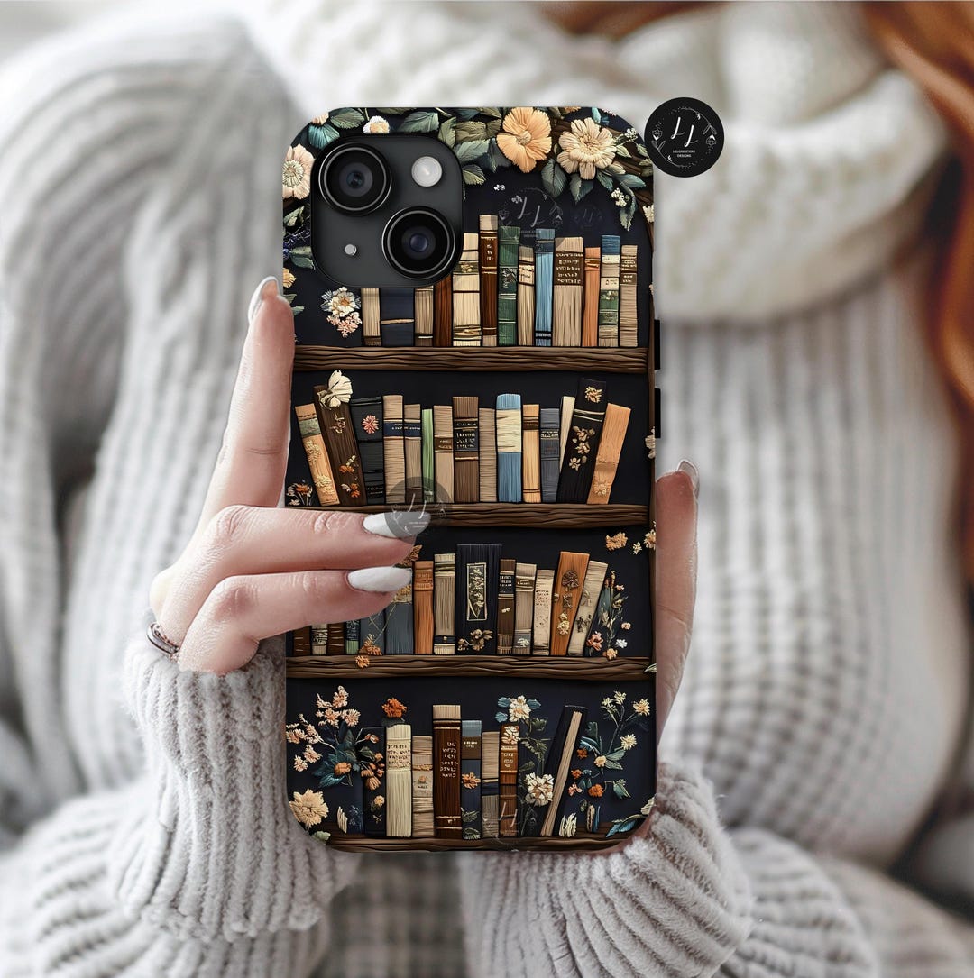 Faux Embroidered Floral Bookshelf Phone Case, Bookish Vintage Book ...