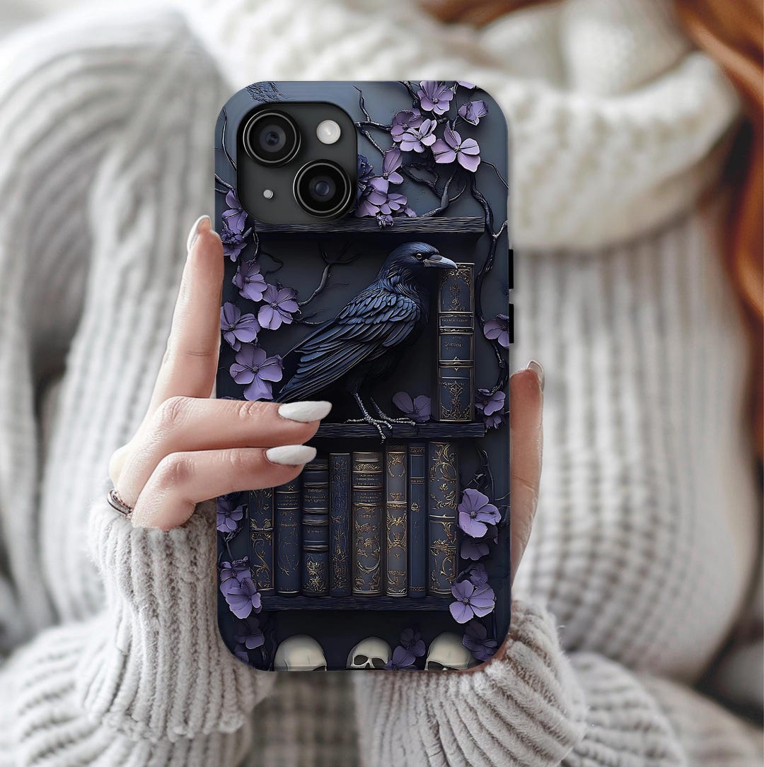 Gothic Raven Bookshelf Phone Case: Dark Academia Style iPhone Samsung ...