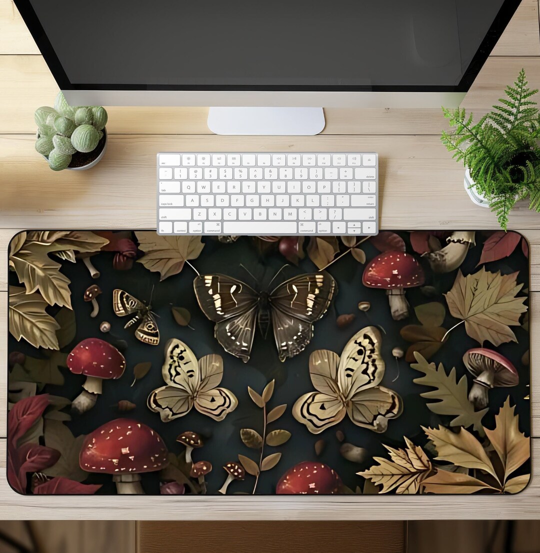 Cottagecore Dream Desk Mat With Dark Green Florals, Mushrooms, and ...