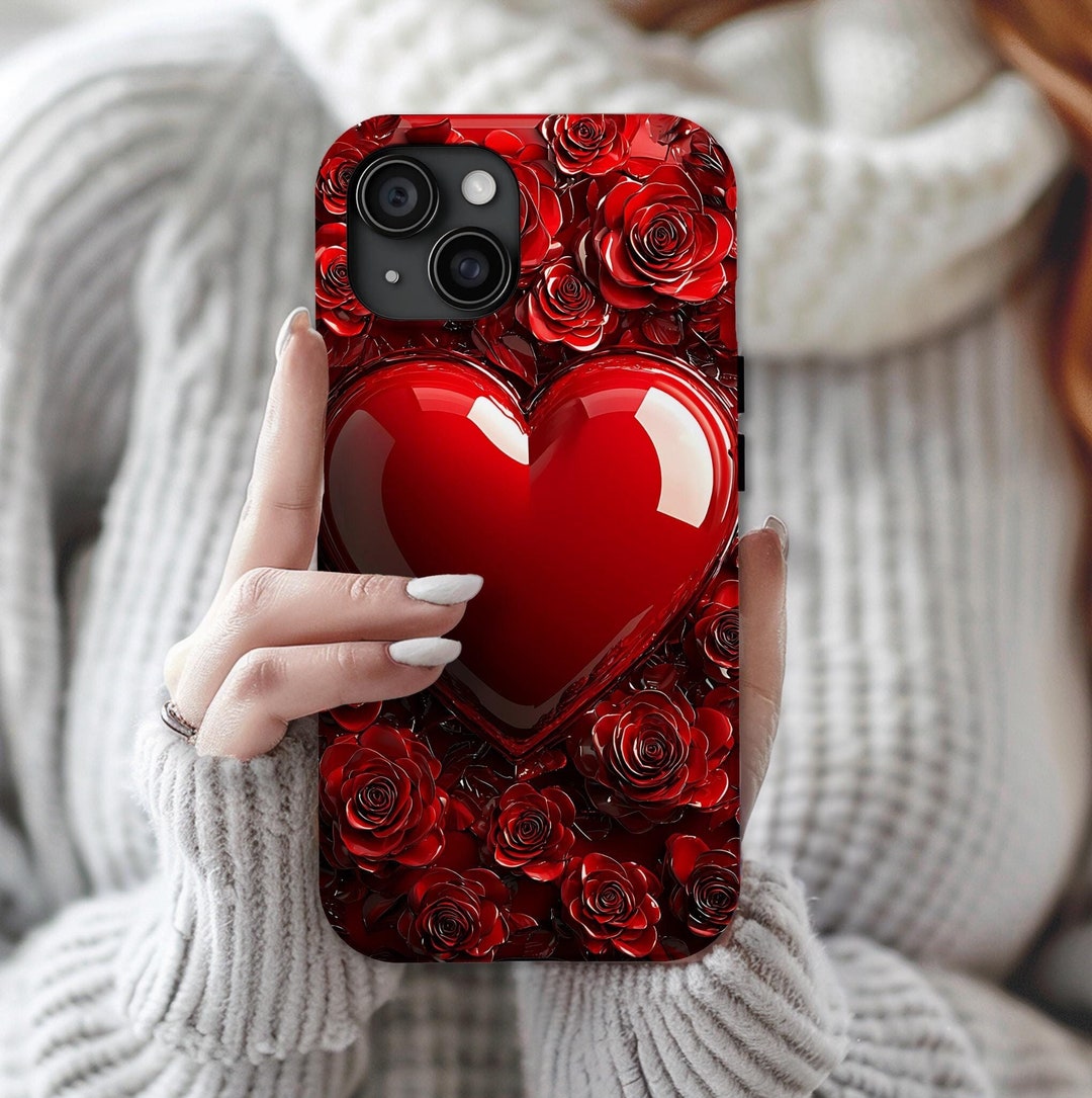 Vibrant Red Roses Heart 3D Effect Phone Case for iPhone 16 15 14 13 12 ...
