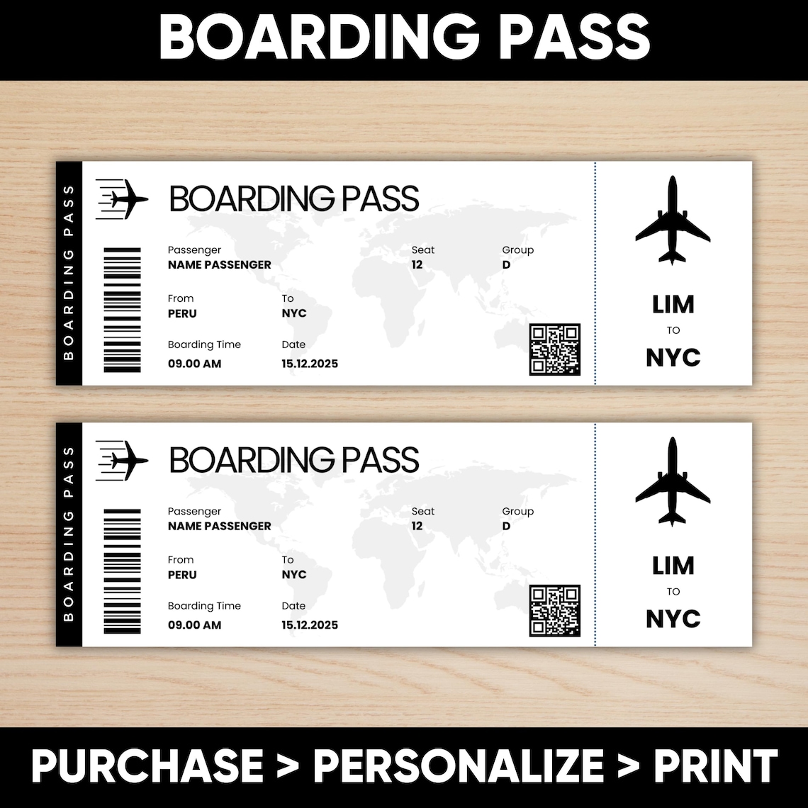 Editable Boarding Pass Template, Printable Personalized Airline Ticket ...