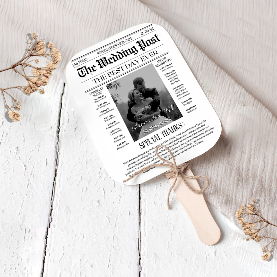 Newspaper Wedding Program Fan,printable Program Fan Template, Wedding ...