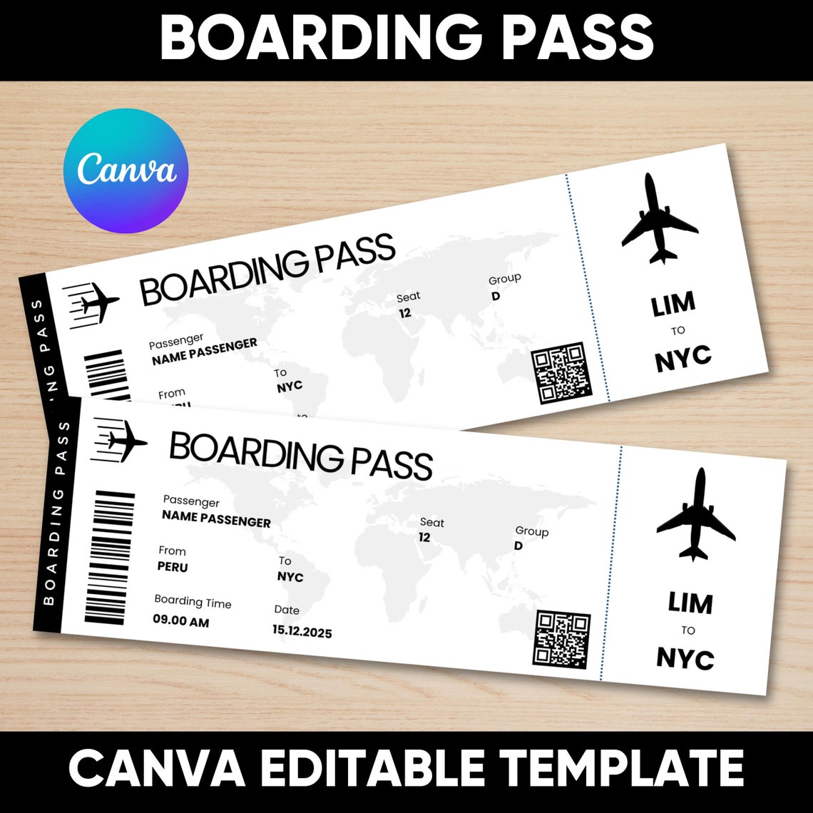 Editable Boarding Pass Template, Printable Personalized Airline Ticket ...
