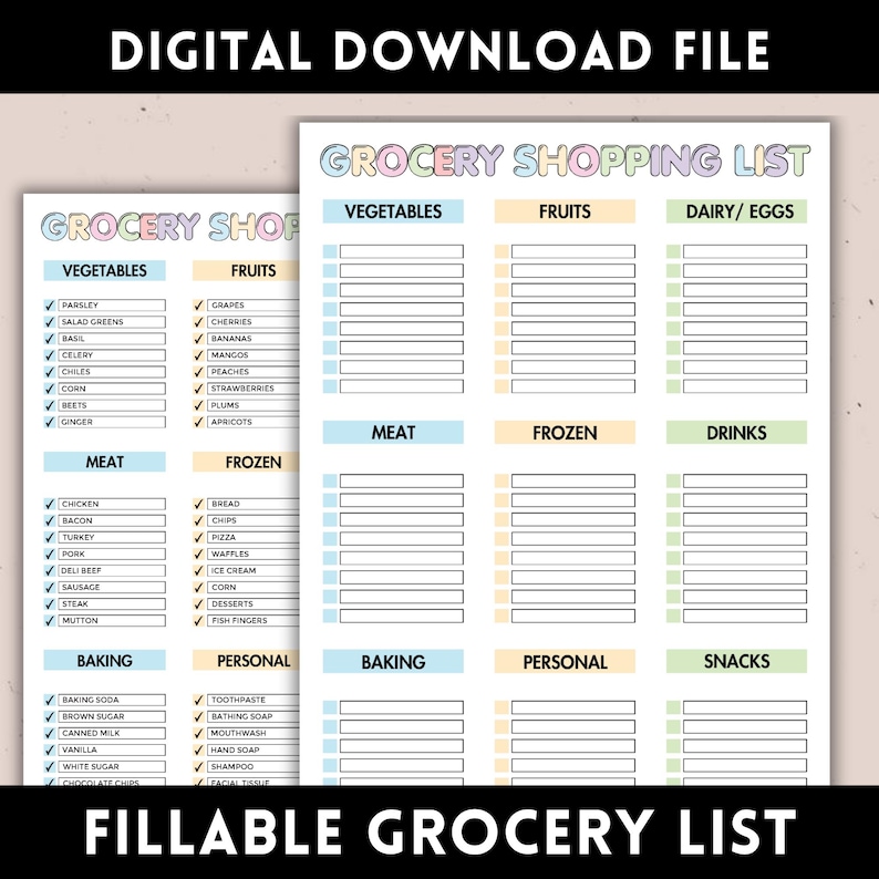 Grocery List Printable Template, Grocery Planner, Food Shopping List ...