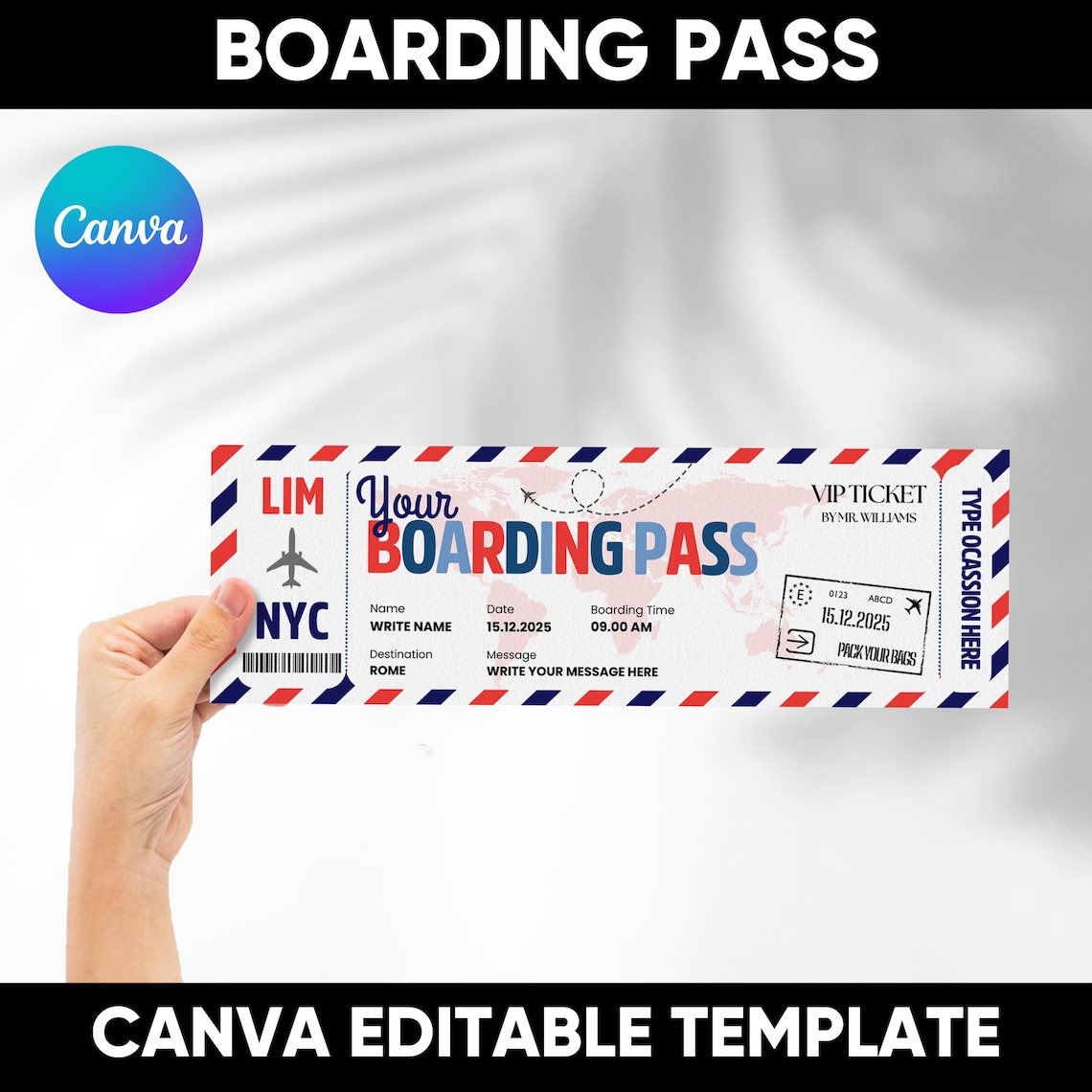 Editable Boarding Pass Template, Printable Personalized Airline Ticket ...