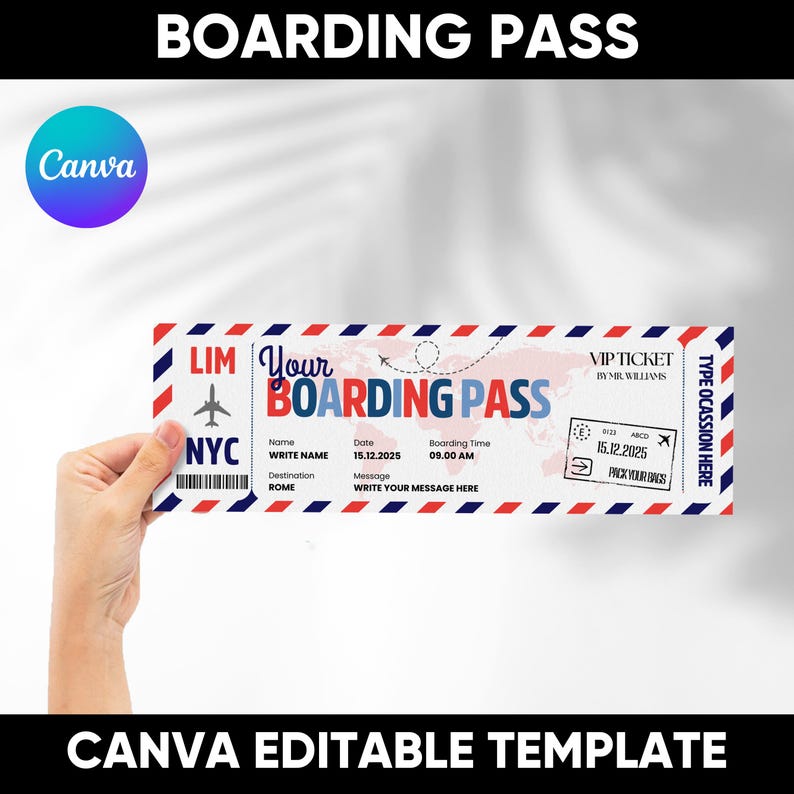 Editable Boarding Pass Template, Printable Personalized Airline Ticket ...
