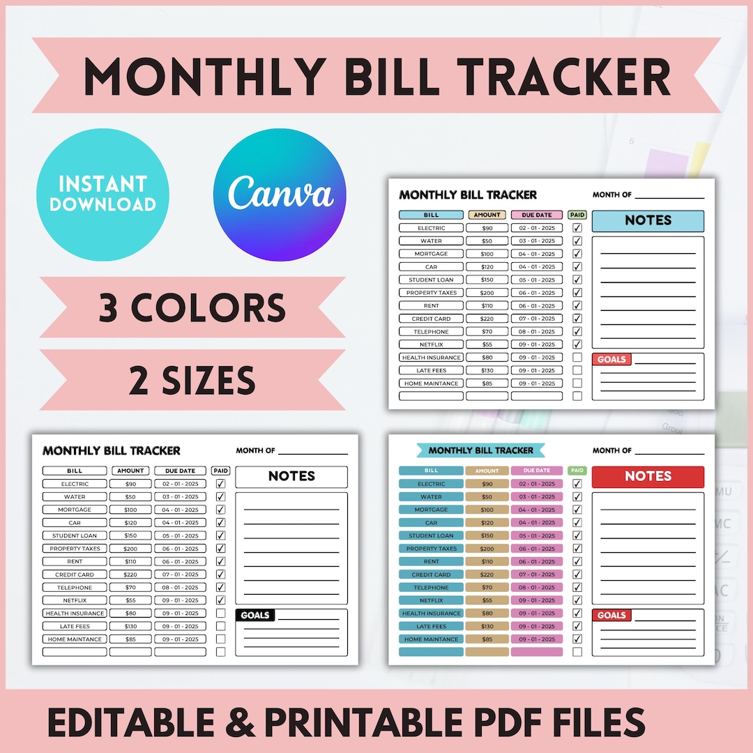 Cute Monthly Bill Tracker Printable, Bill Payments Checklist, Bills ...